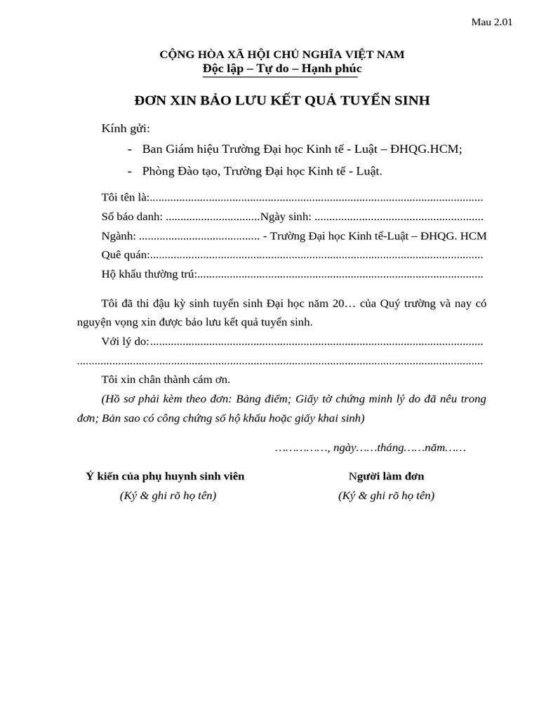 Mau 2.01 - Mau Don Xin Bao Luu Tuyen Sinh | PDF