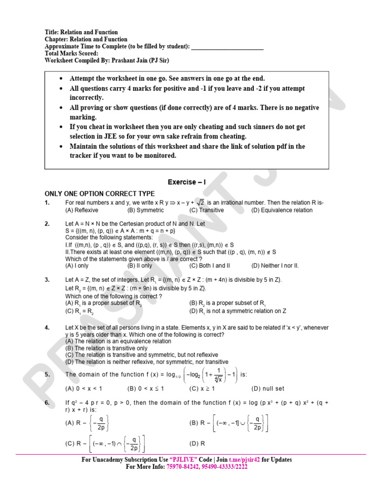 Worksheet-10 Relation and Function - Ex. 1 (SCQ) | PDF | Function ...