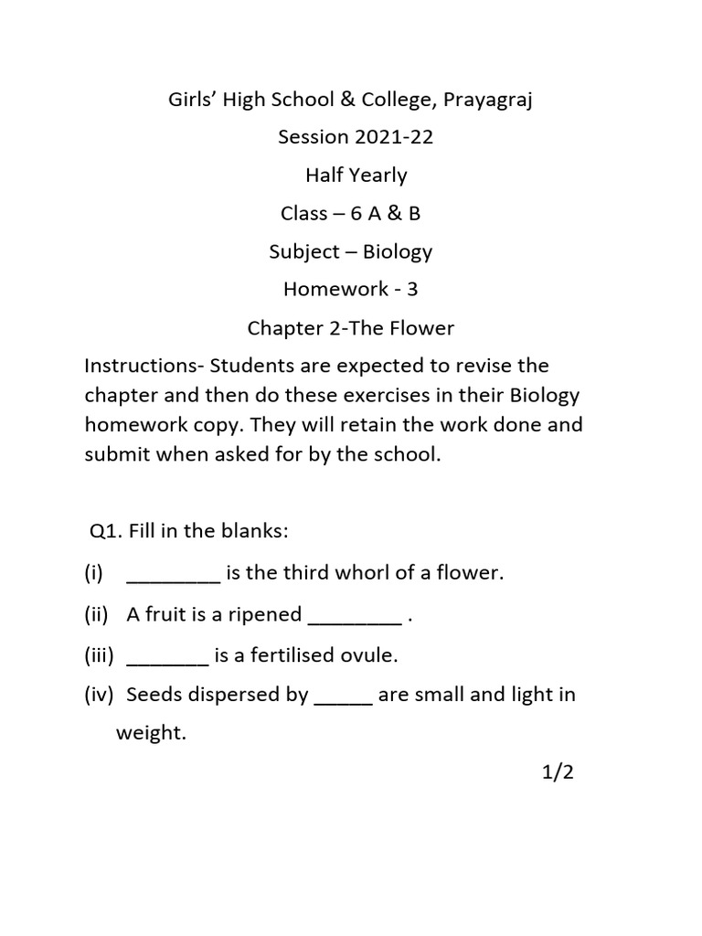 Cl 6 a &B Biology HW 3 | PDF