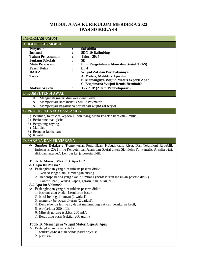 Modul IPAS Kelas 4: Wujud Zat 2022 | PDF
