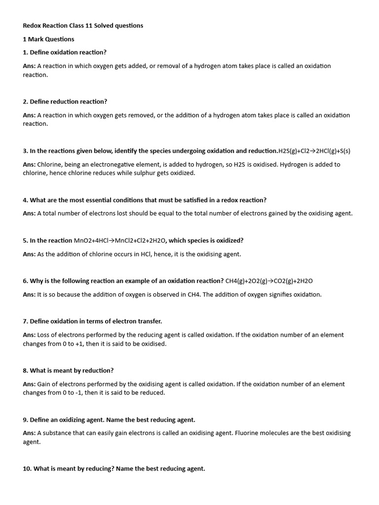 Redox Reaction Class 11 Solved Questions | PDF | Redox | Chemical Reactions