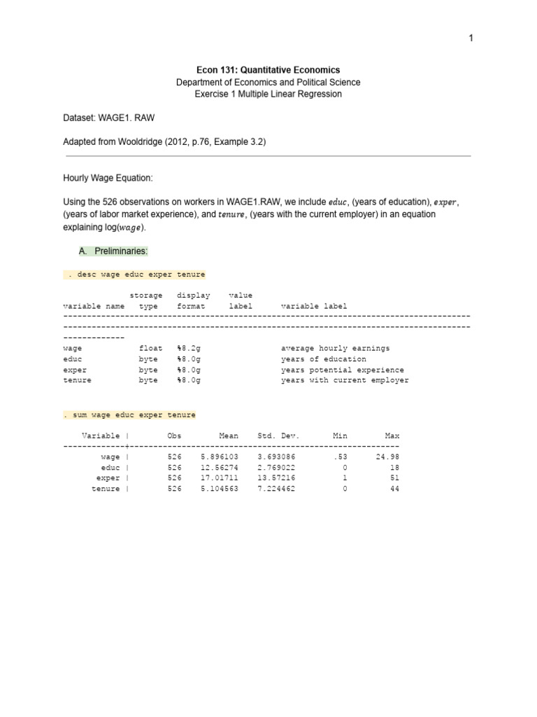 E131 - Exercise 1_Multiple Linear Regression | PDF | Coefficient Of Determination | Regression ...