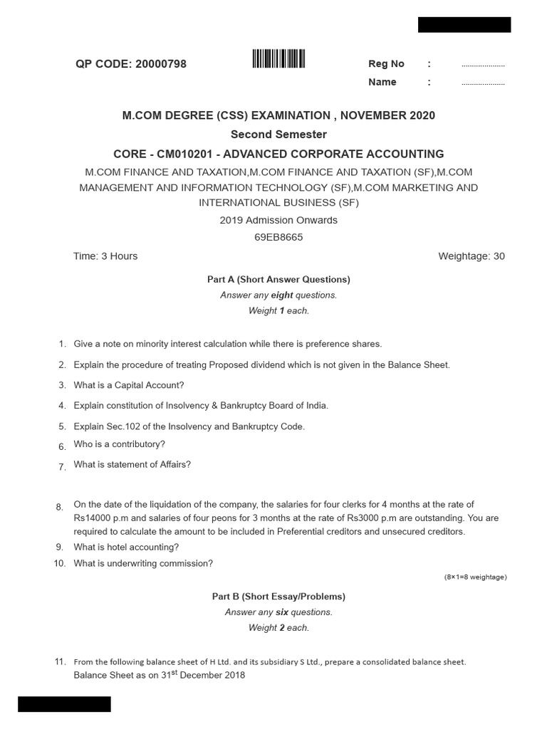 mcom-2-sem-advanced-corporate-accounting-20000798-nov-2020 | PDF | Balance Sheet | Expense