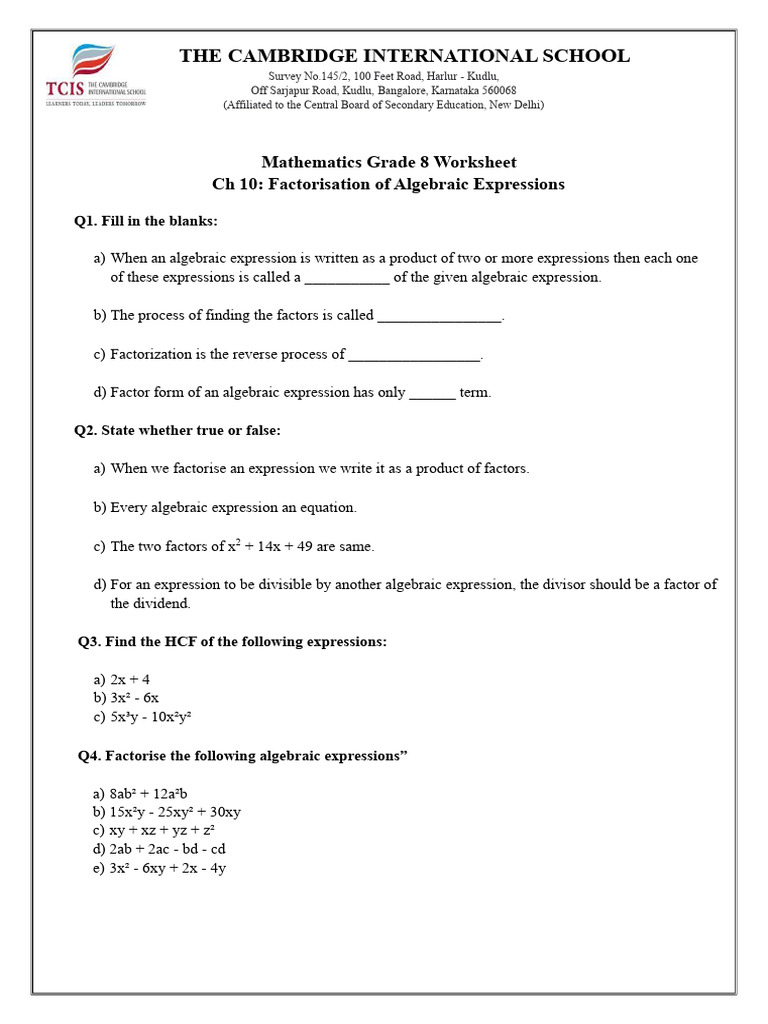 Grade 8 Algebra Factorisation Worksheet | PDF