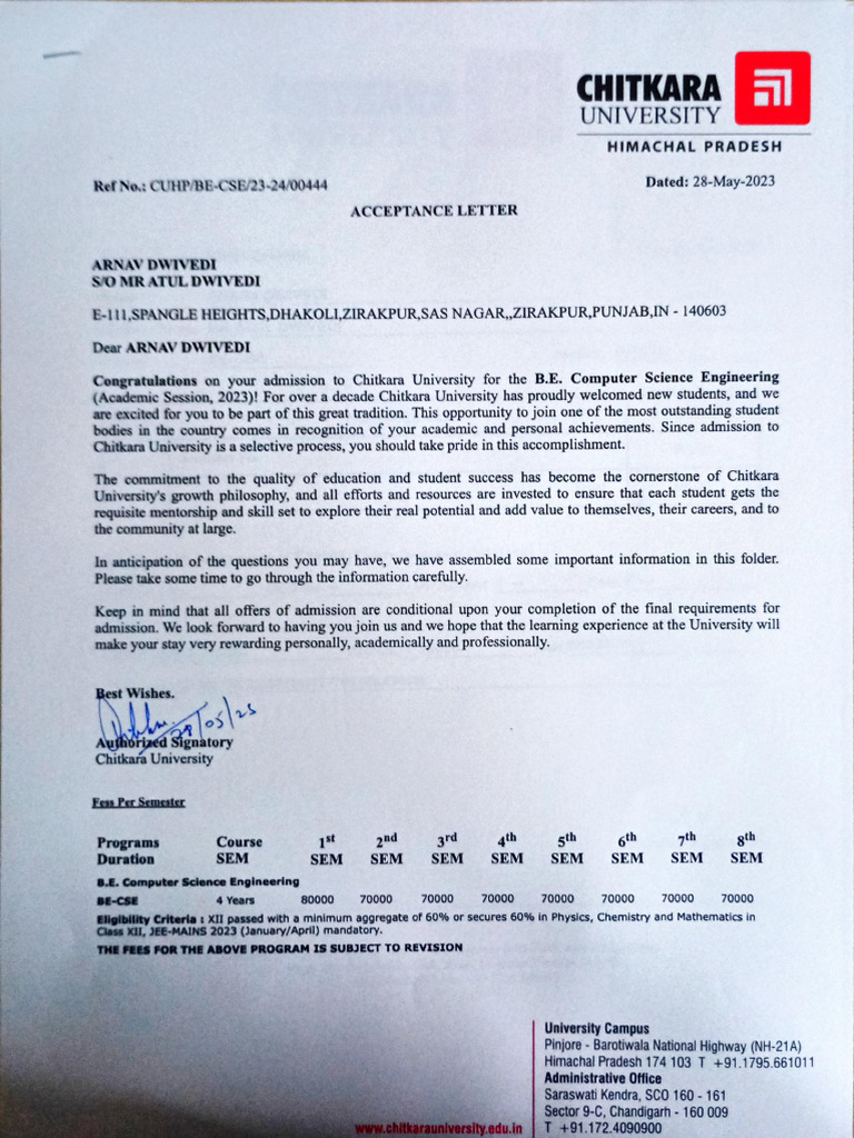 Chitkara Acceptance Letter | PDF