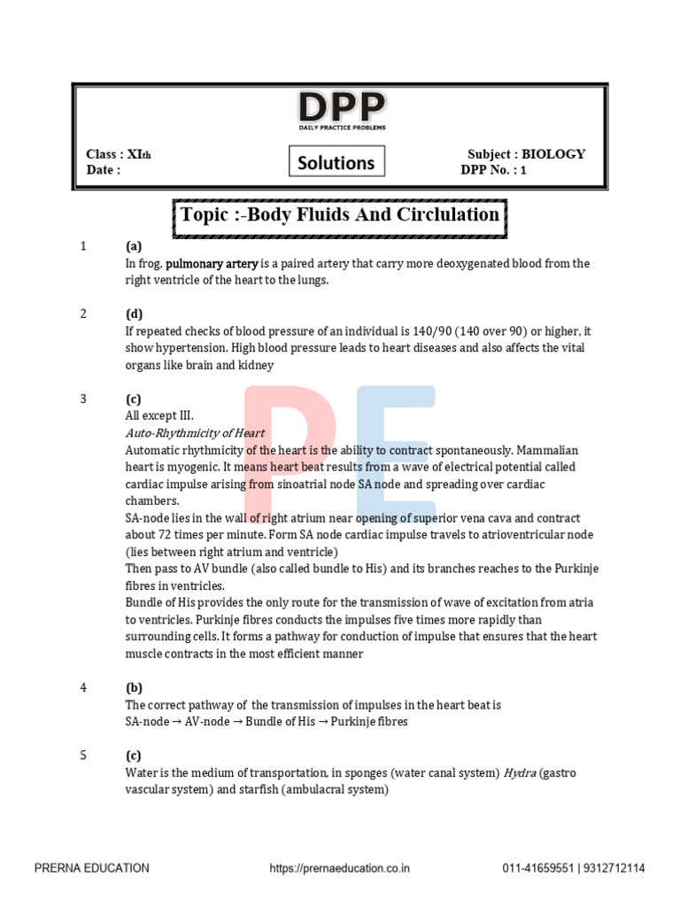 Body Fluids and Circulation DPP 1 Solutions | PDF | Heart | Atrium (Heart)