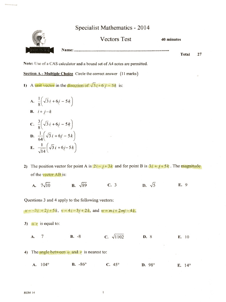 Specialist Maths Vectors Test | PDF