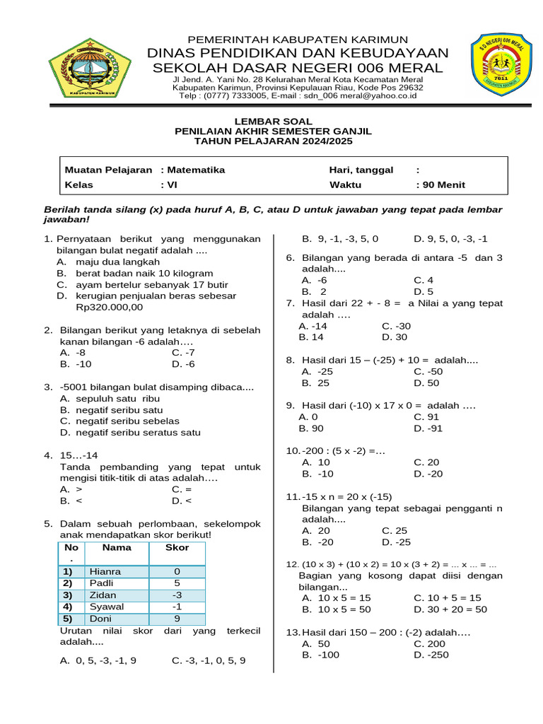 Soal - PAS - MTK SMT 1 2024 | PDF