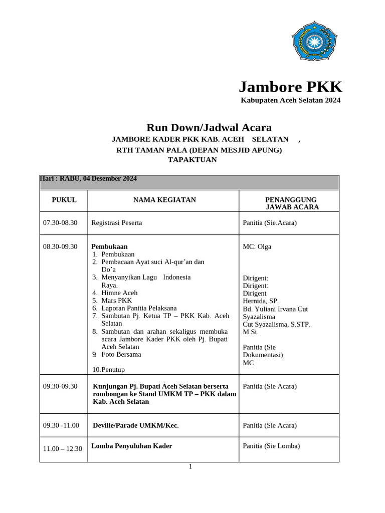Rundown Acara Jambore Kader PKK Kab. Aceh Selatan 2024 | PDF