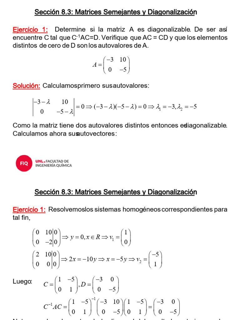 Sección 8.3: Matrices Semejantes y Diagonalización: Ejercicio 1 | PDF ...
