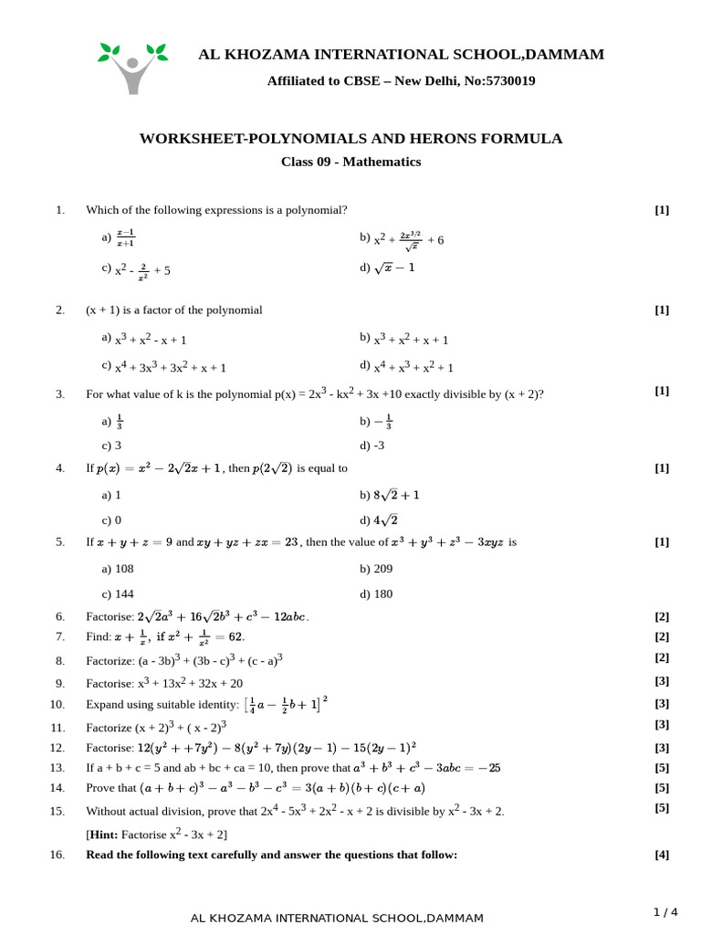 Worksheet-Polynomials & Herons Formula | PDF | Area | Triangle