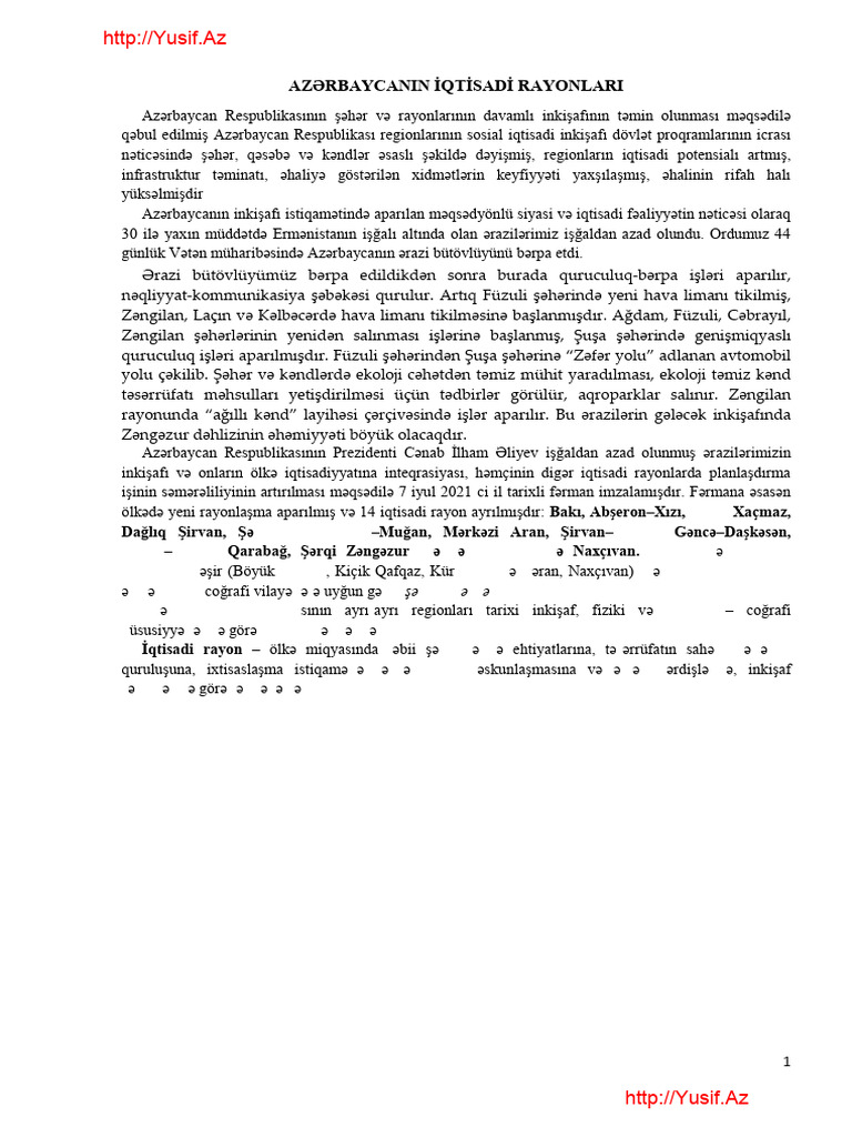 Yeni Iqtisadi Rayonlar Haqqinda | PDF