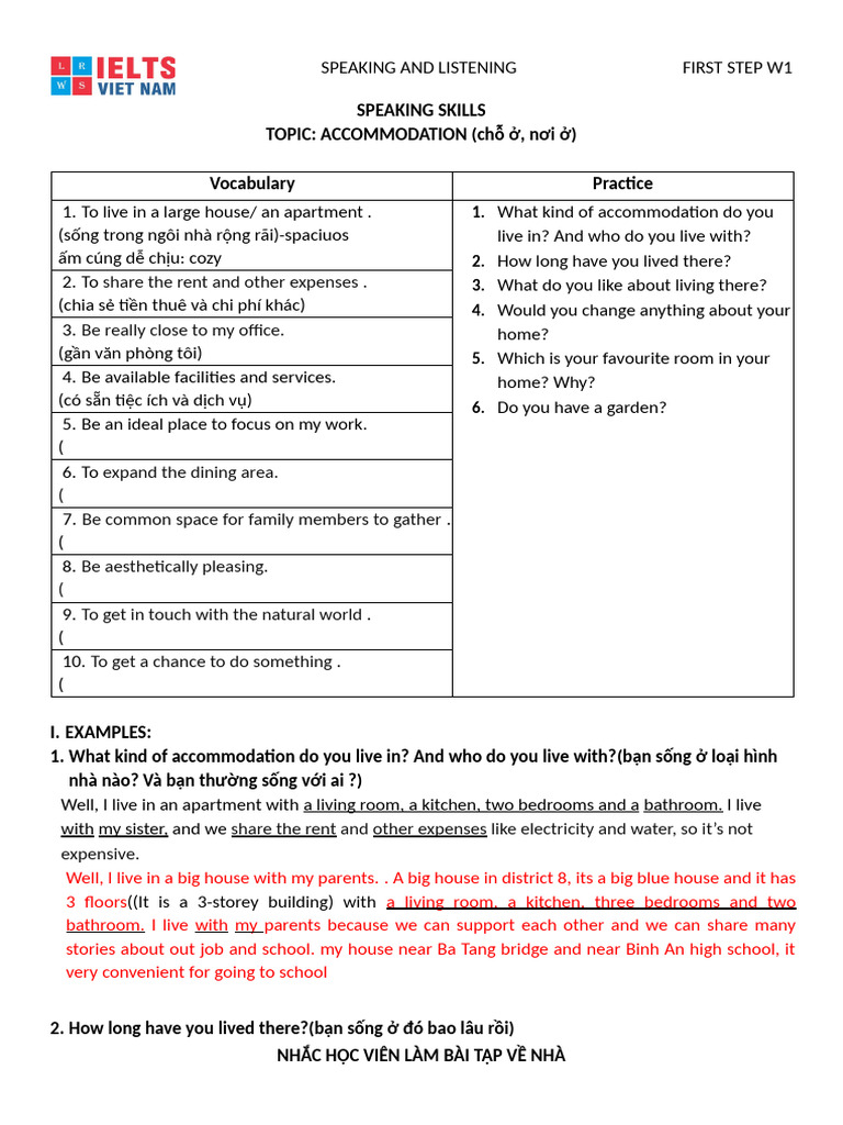 Accommodation Speaking Skills Guide | PDF