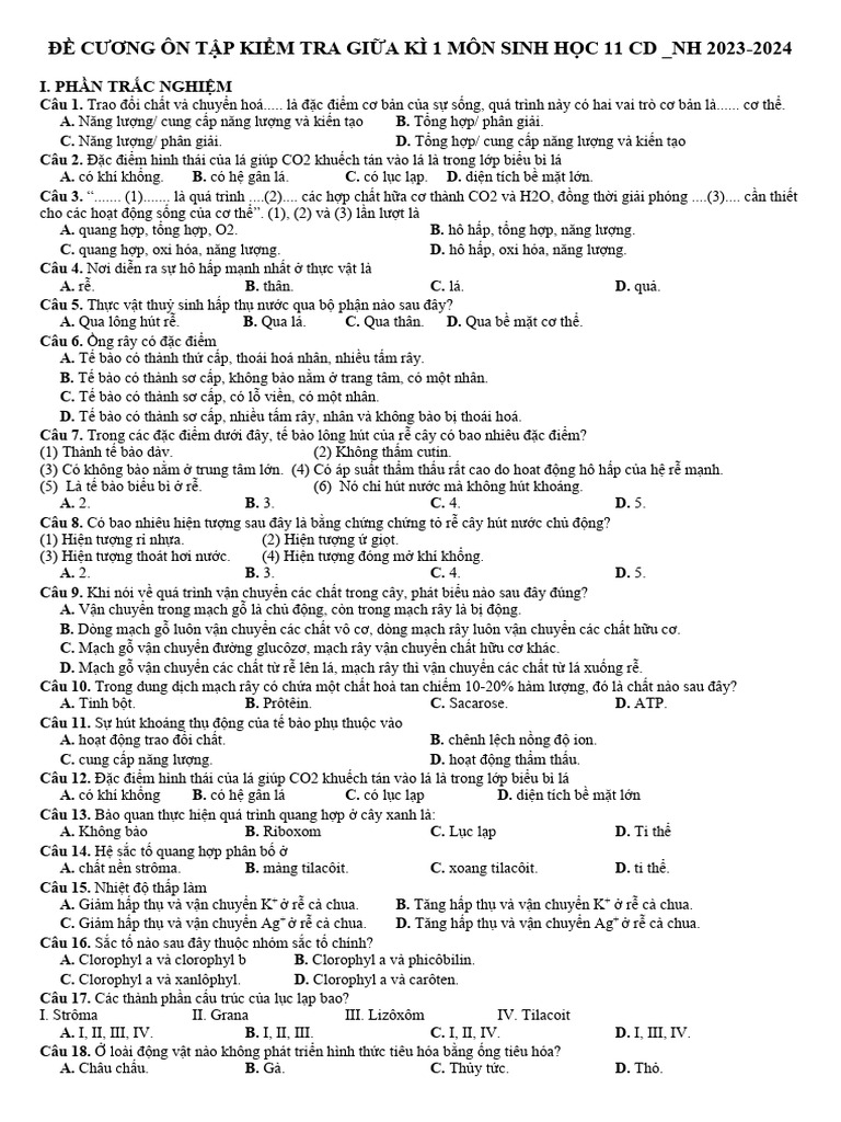 De Cuong on Tap Ktgk 1 Mon Sinh Hoc 11 | PDF