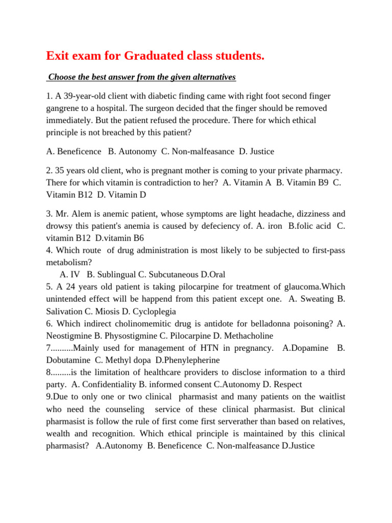 Exit Exam For Graduated Class Students | PDF | Emulsion | Medicinal ...