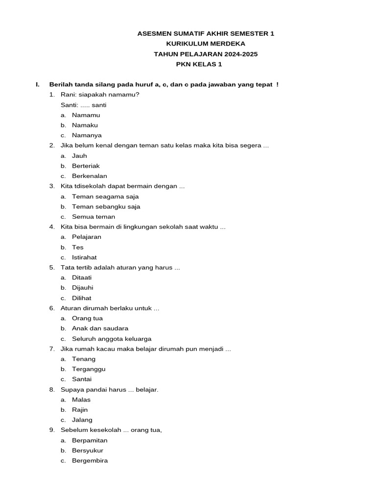 ASAS GANJIL PKN KELAS 1 TP 2024-2025 by; Bupidi | PDF