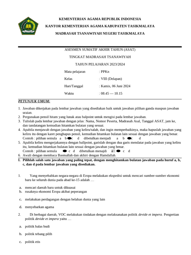 14 Soal Asat PPKN Kls 8 TP 2023+2024 | PDF
