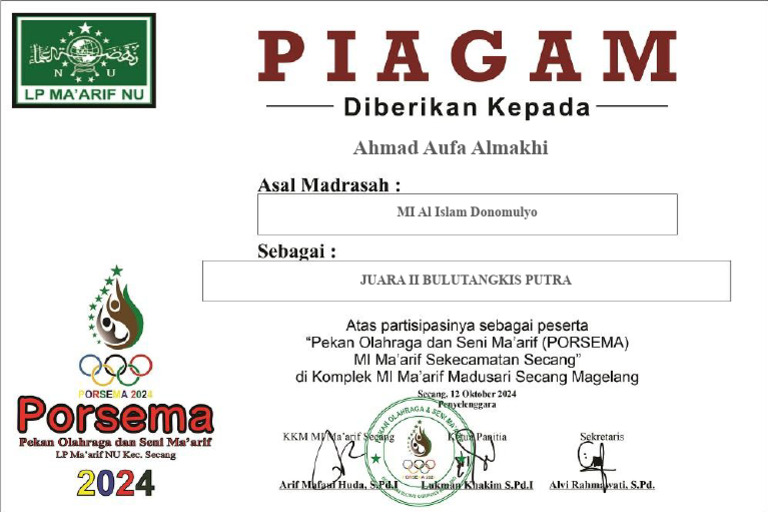 Piagam Porsema - Nama Lengkap | PDF