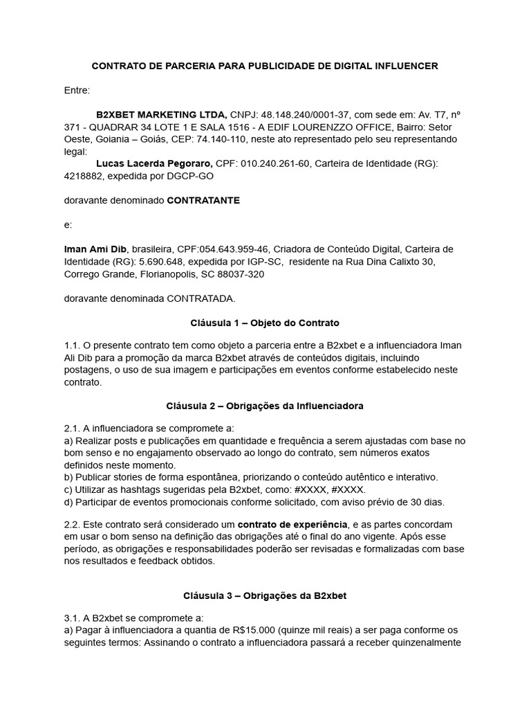 Contrato de Parceria para Publicidade de Digital Influencer | PDF