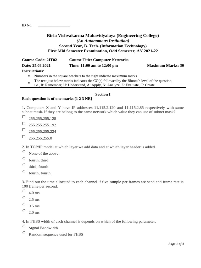 2it02 Mid1 2021-22 Sem1 | PDF | Computer Network | Telecommunications Engineering
