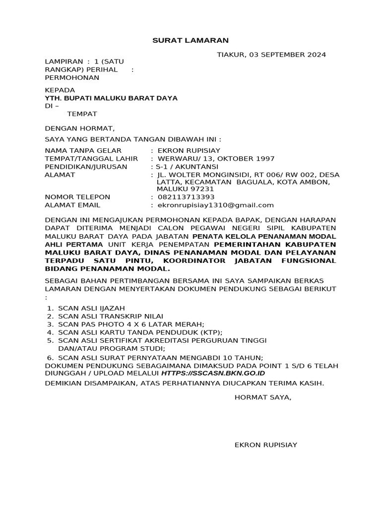 Surat Lamaran CPNS Maluku Barat Daya | PDF
