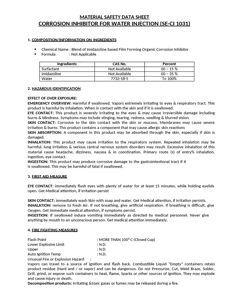 Msds Corrosion Inhibitor | PDF | Personal Protective Equipment | Firefighting