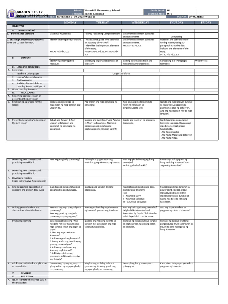 DLL - MTB 3 - Q2 - W1 | PDF