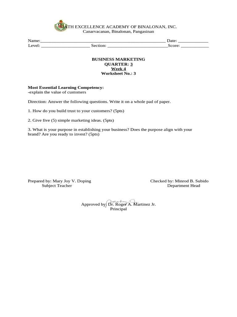 Business Marketing Worksheet for Students | PDF