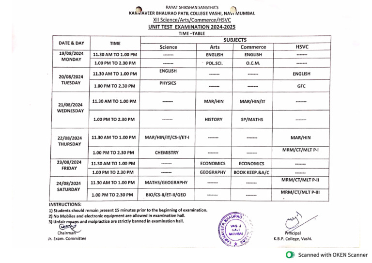 Xii STD Unit Test 1 Time Table 2024-25 | PDF