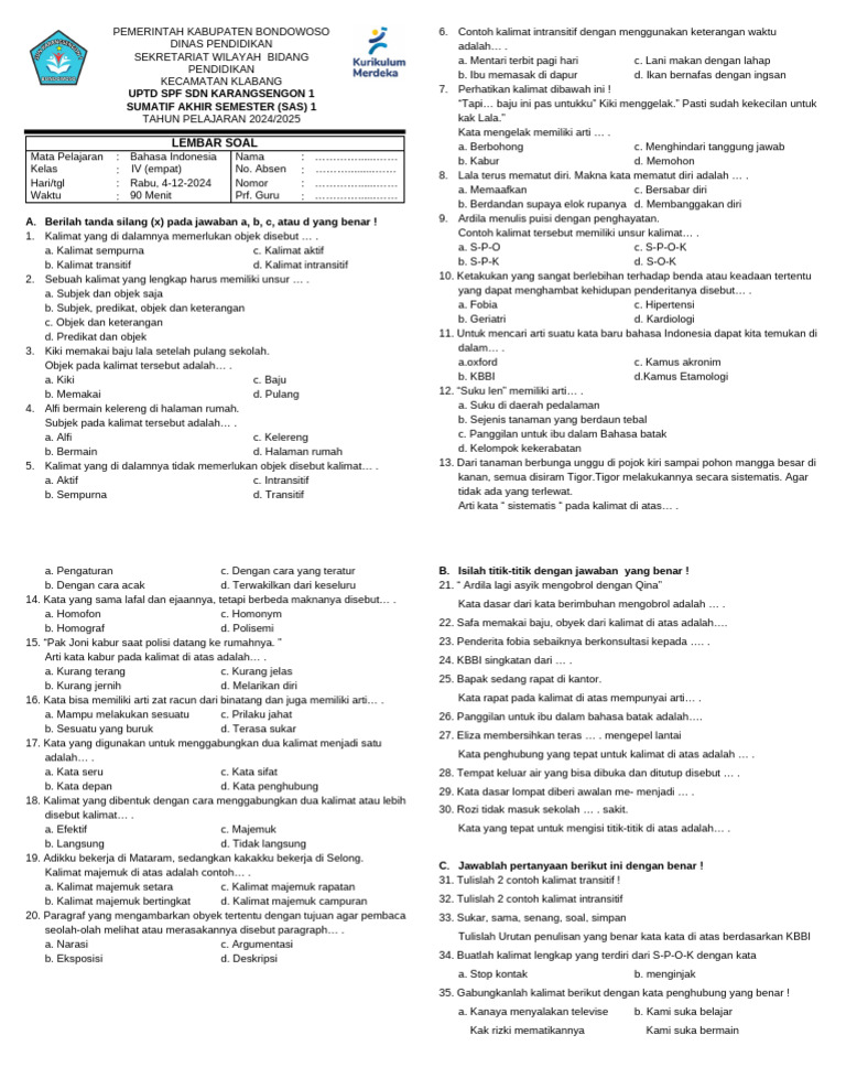 Soal Sas 1 KLS 4 BHS Indonesia | PDF