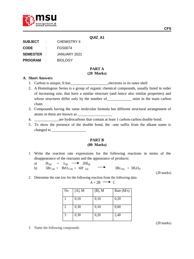 Quiz A1 Pdf Chemical Compounds Physical Chemistry