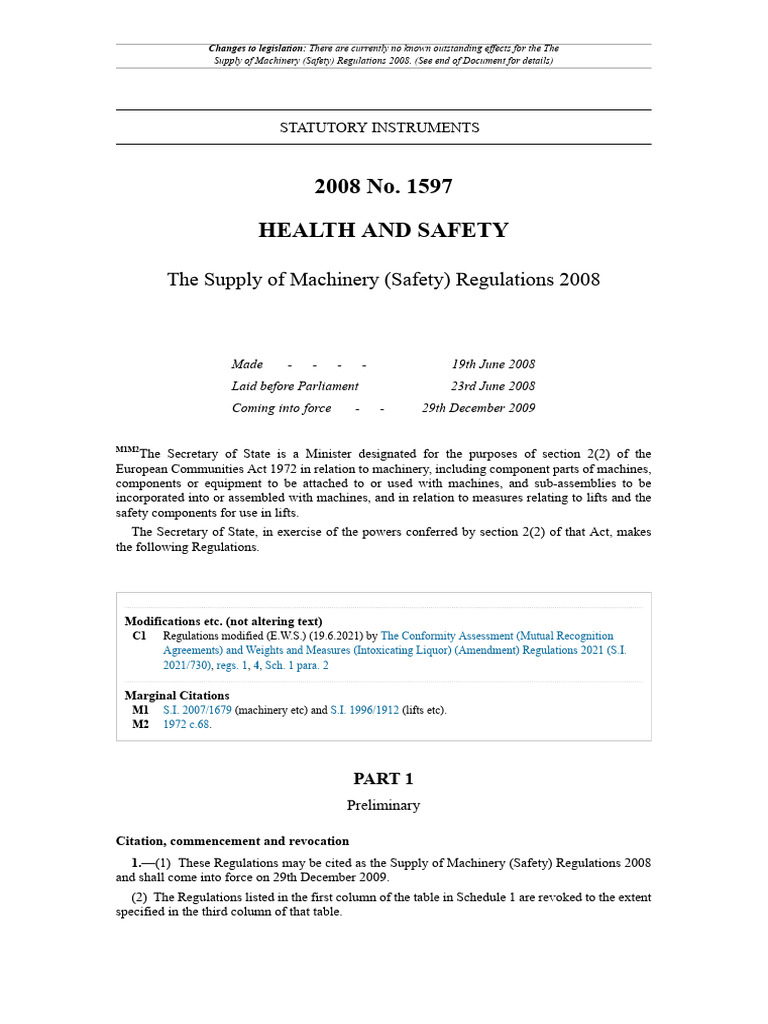 The Supply of Machinery (Safety) Regulations 2008 | PDF ...
