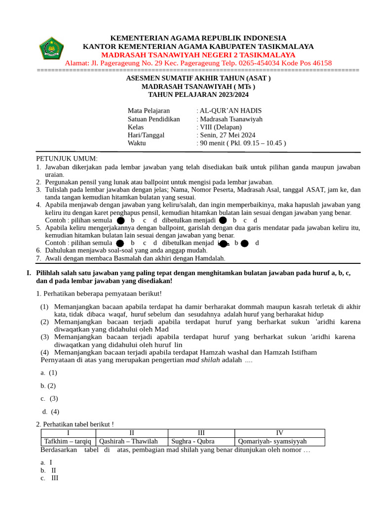 5 Soal ASAT Qurdis_kelas VIII 2024 | PDF
