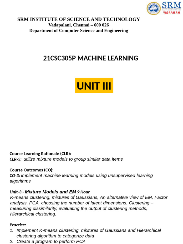21csc305p Machine Learning Unit 3 - Updated | PDF | Principal Component Analysis | Factor Analysis
