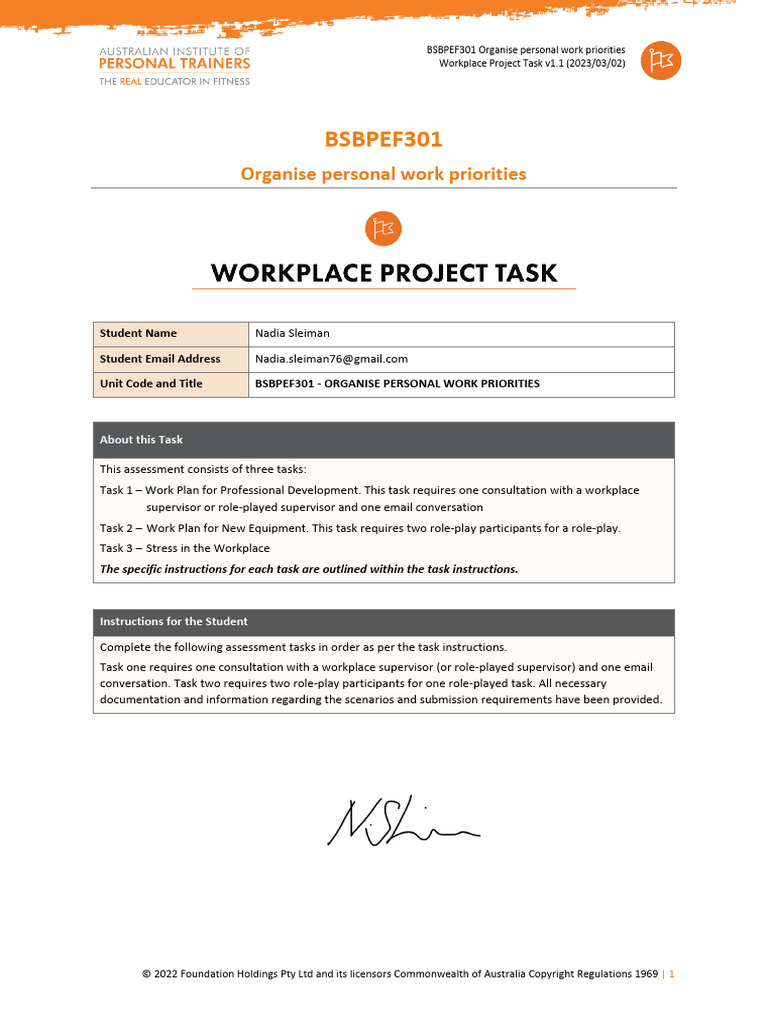 BSBPEF301 - Workplace Project Task - Nadia Sleiman | PDF | Performance Indicator | Learning