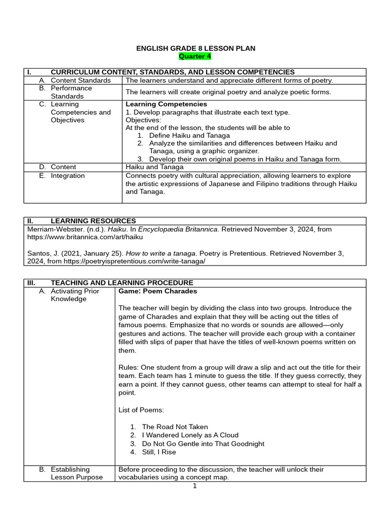 DumlaoK LessonExemplar English8 | PDF | Poetry | Rubric (Academic)