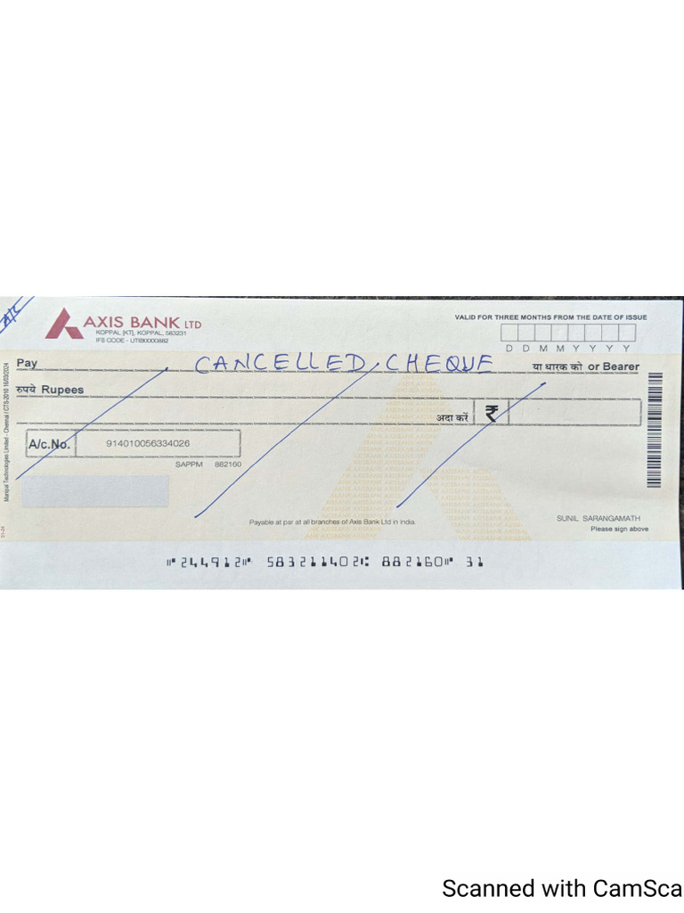 Axis Koppal Cancel Cheque | PDF