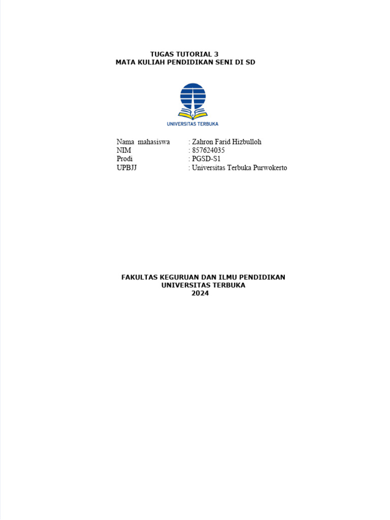 TUGAS TUTORIAL 3 PENDIDIKAN SENI DI SD_ZAHRON FARID HIZBULLOH_857624035 | PDF
