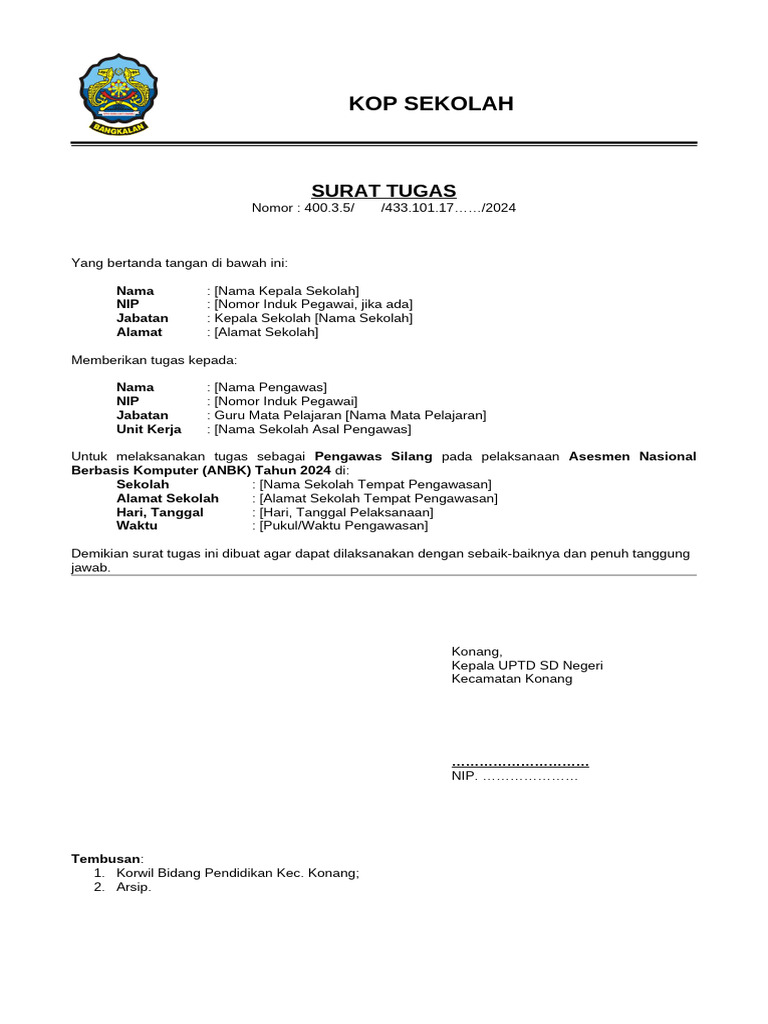 Surat Tugas Pengawas Silang Anbk 2024 | PDF