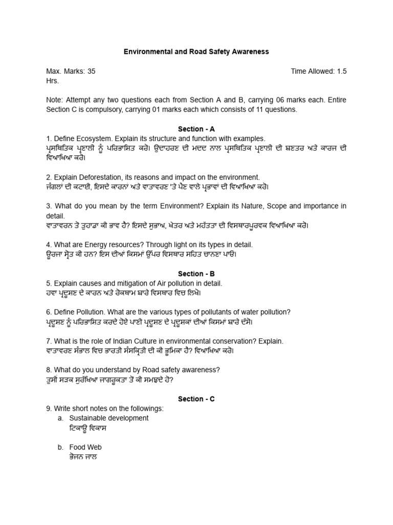 Set - 1 Environmental and Road Safety Awareness | PDF