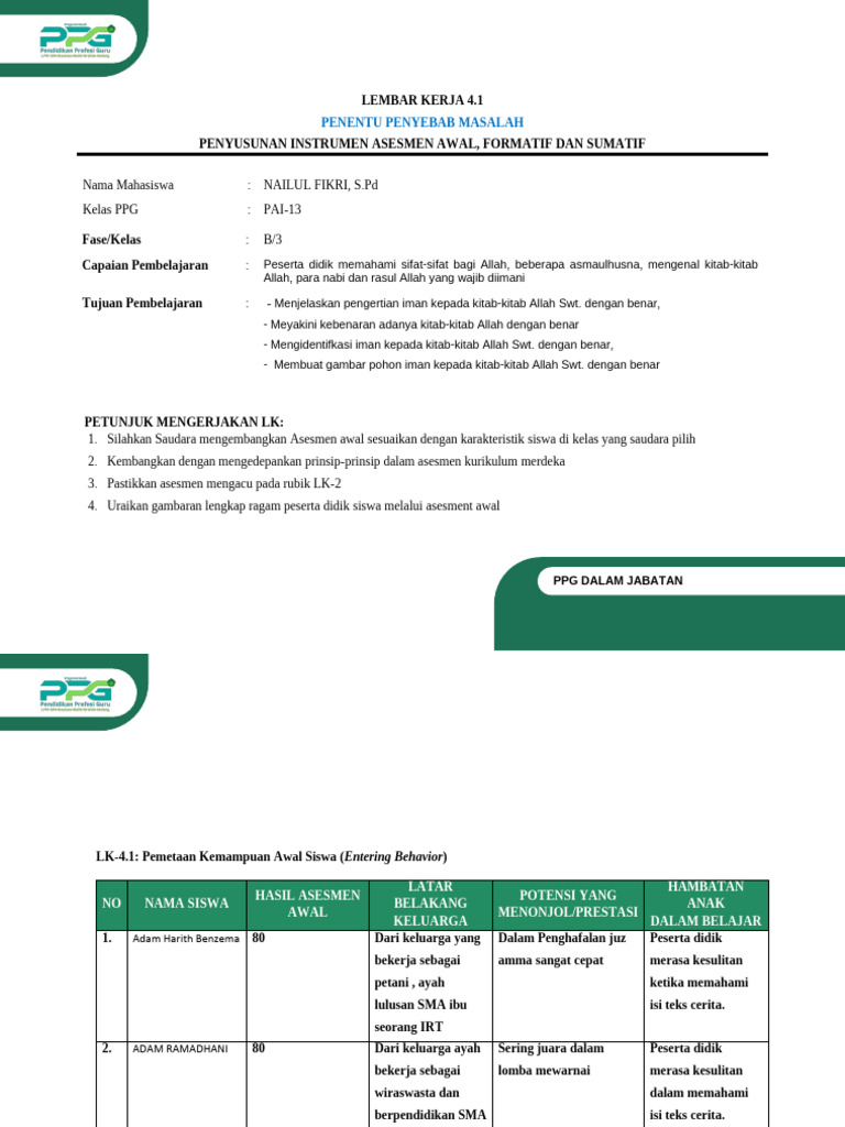 LK 4 - Penyusunan Instrumen Asesmen Awal Formatif dan Sumatif [K2](1) | PDF