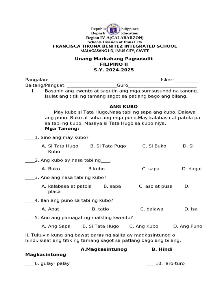 FIRST PERIODICAL TEST in FILIPINO 2 | PDF