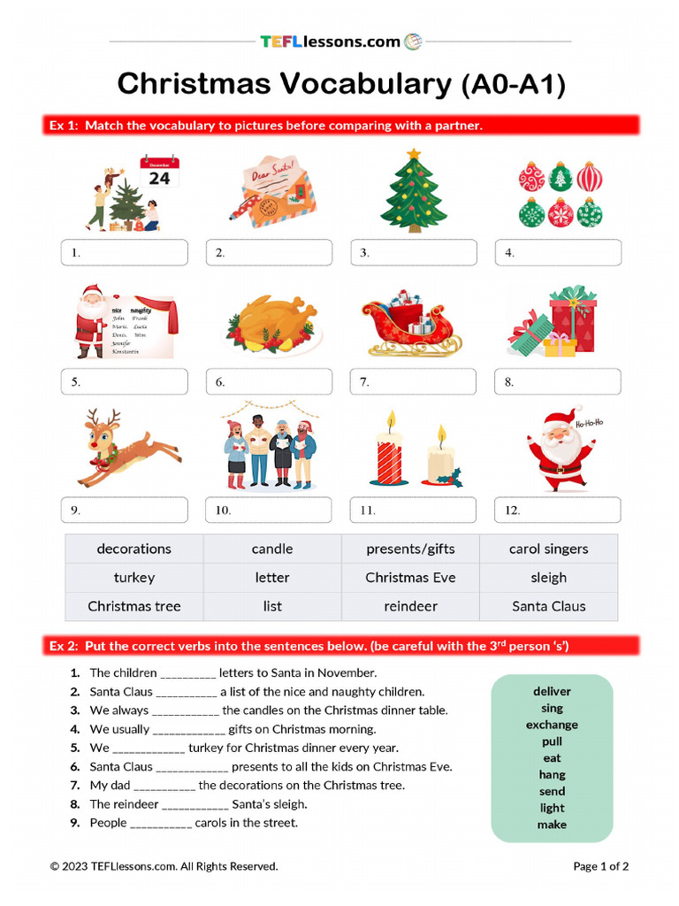 Christmas Vocabulary For A0 A1 Level - 154066 | PDF