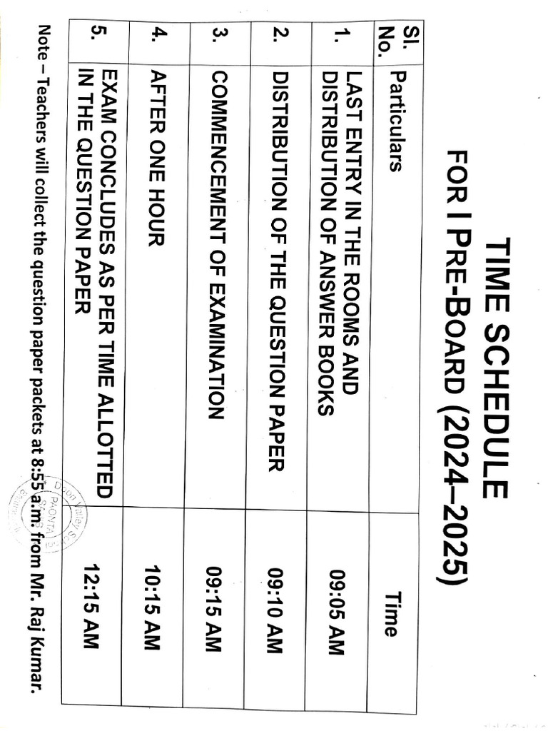 Time Schedule For 1st Pre Board Examination | PDF