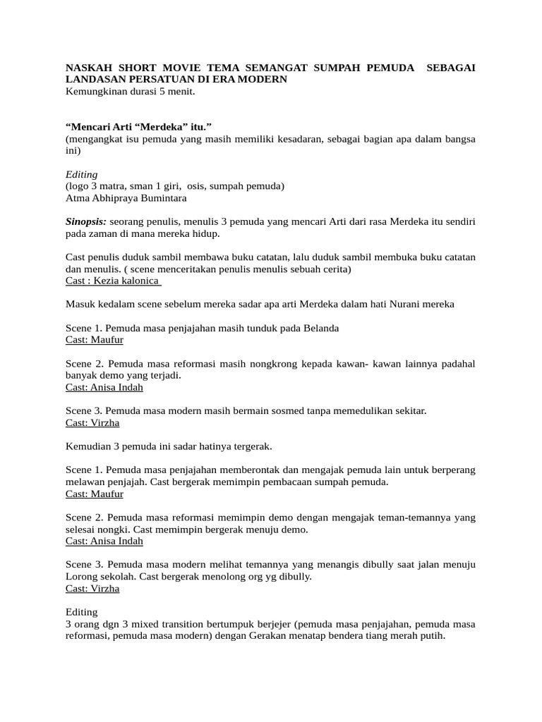 Naskah Short Movie Tema Semangat Sumpah Pemuda Sebagai Landasan ...