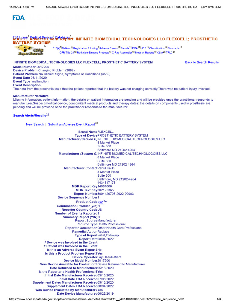 Maude Adverse Event Report - Infinite Biomedical Technologies LLC ...