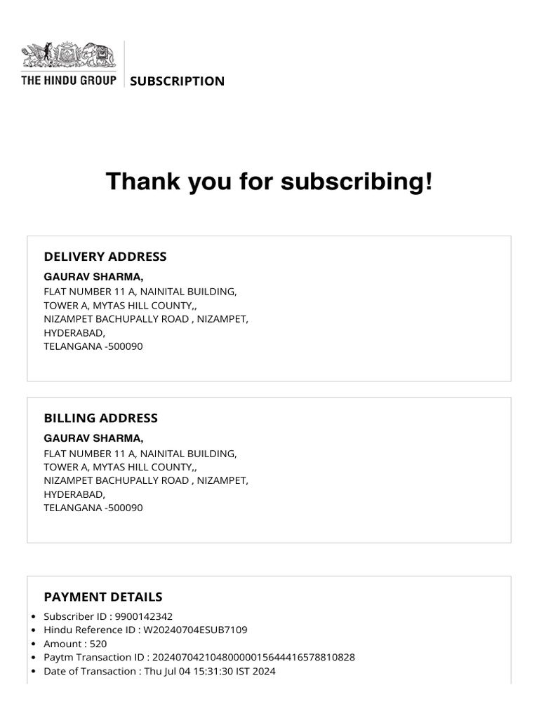 'The Hindu' Group Print Newspaper Subscription | PDF