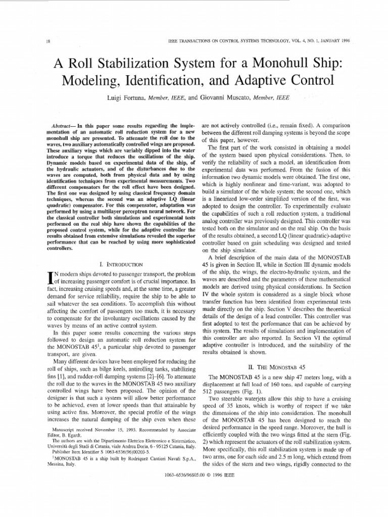 A Roll Stabilization System For A Monohull Ship. Modeling, Identification, and Adaptive Control ...