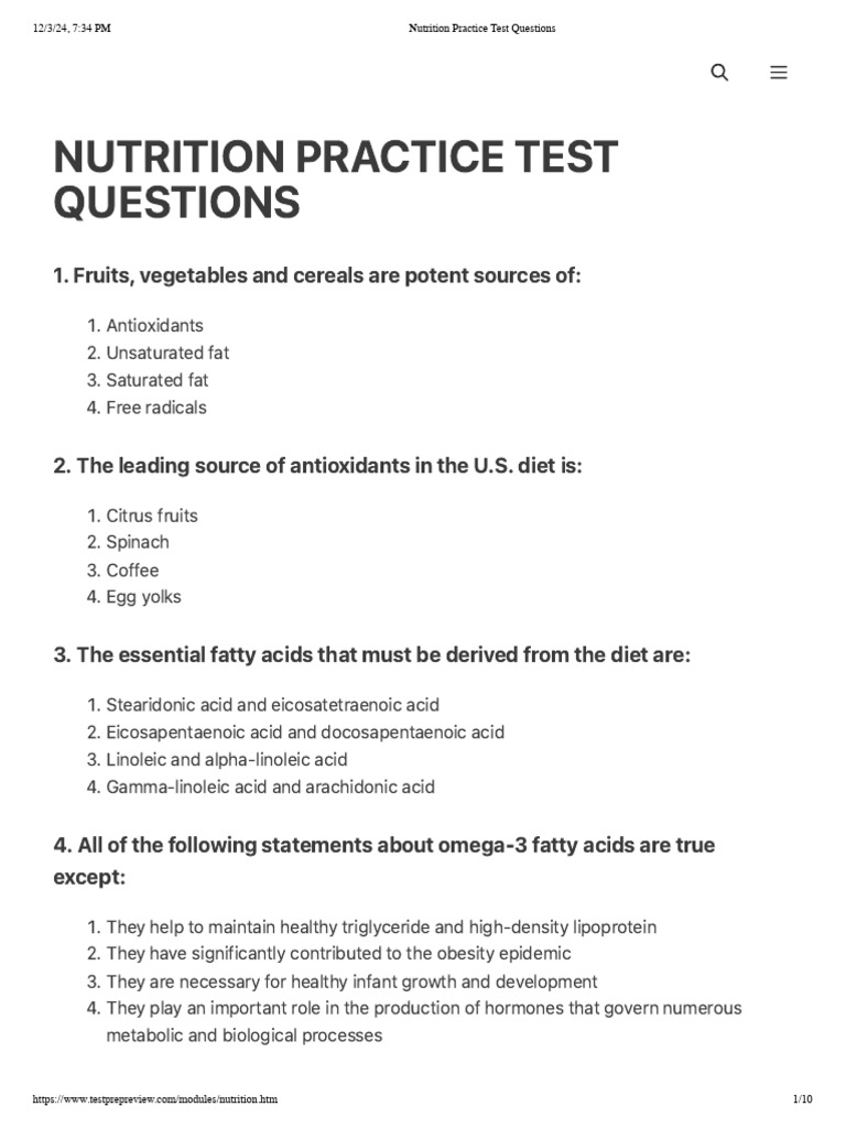 Nutrition Practice Test Questions | PDF | Vitamin | Dieting