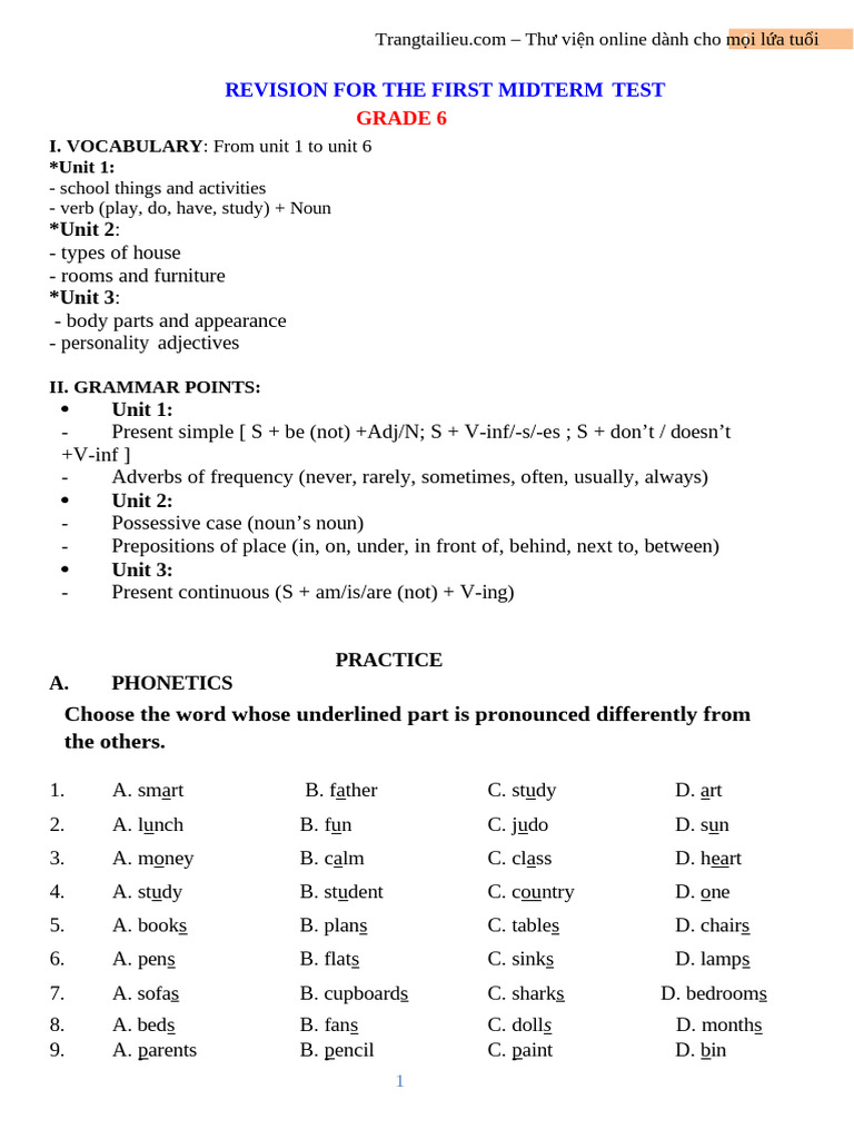 Trangtailieu - Com - de Cuong On Tap Tieng Anh 6 Giua hk1 2022 2023 | PDF | Noun | Linguistics
